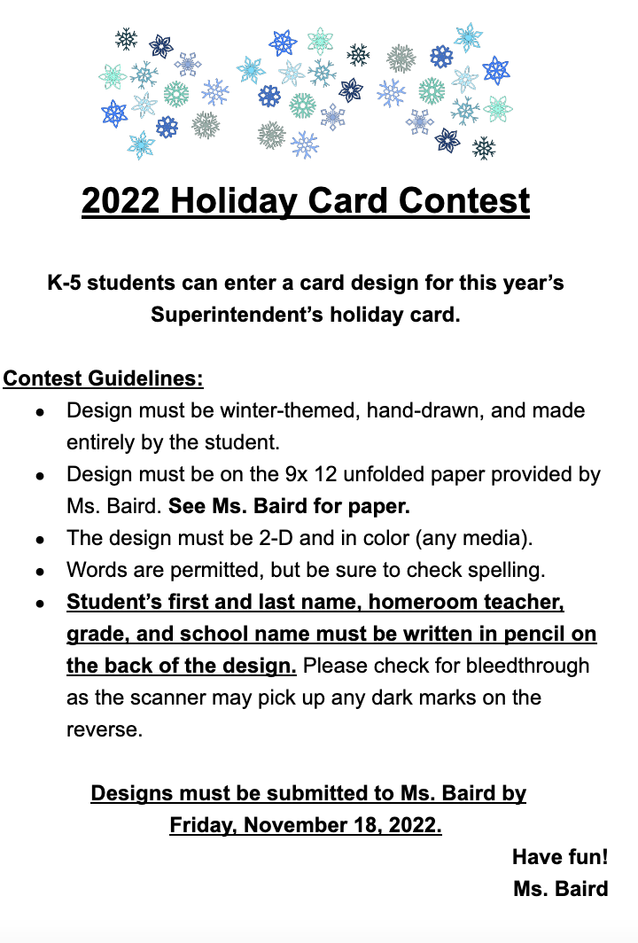 2022 Superintendent’s Holiday Card Contest – Ms. Baird's Art Class