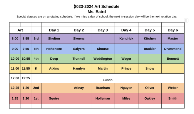 2023-2024 Art Schedule – Ms. Baird's Art Class